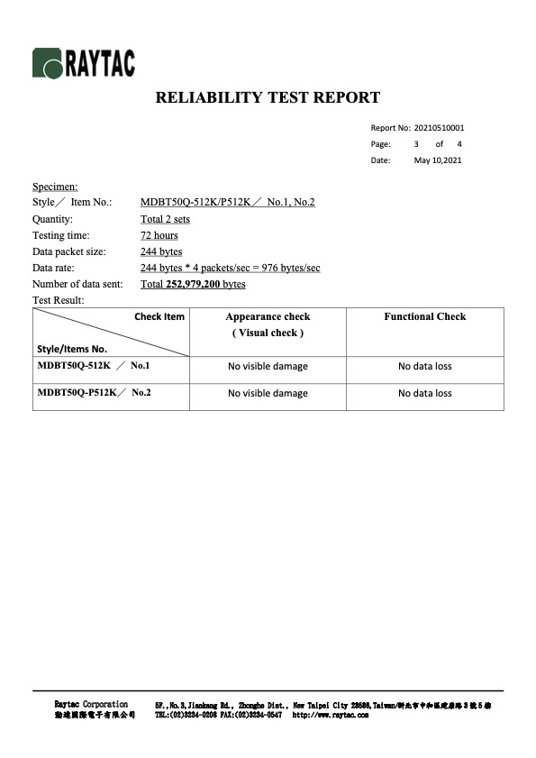 Raytac CorporationWireless Module ManufacturerReliability Test Report ...